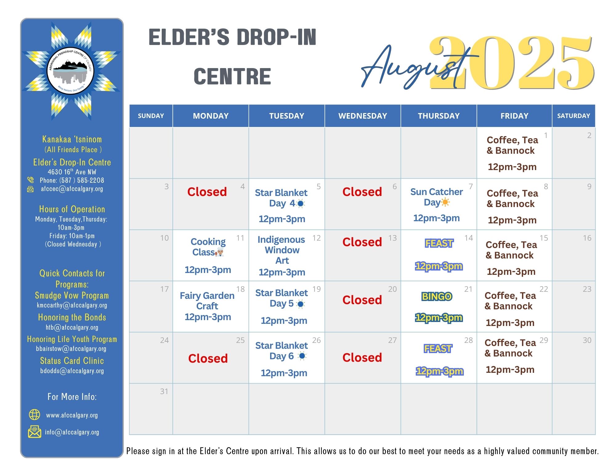 Elder's Drop-In Centre: August 2025 Program Calendar | AFCC